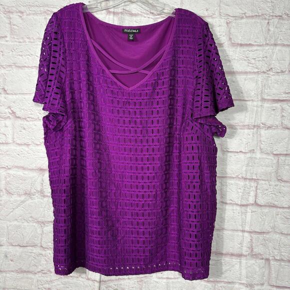 Roz & Ali | Tops | Roz Ali Purple Crochet Short Sleeve Top Size 2x ...